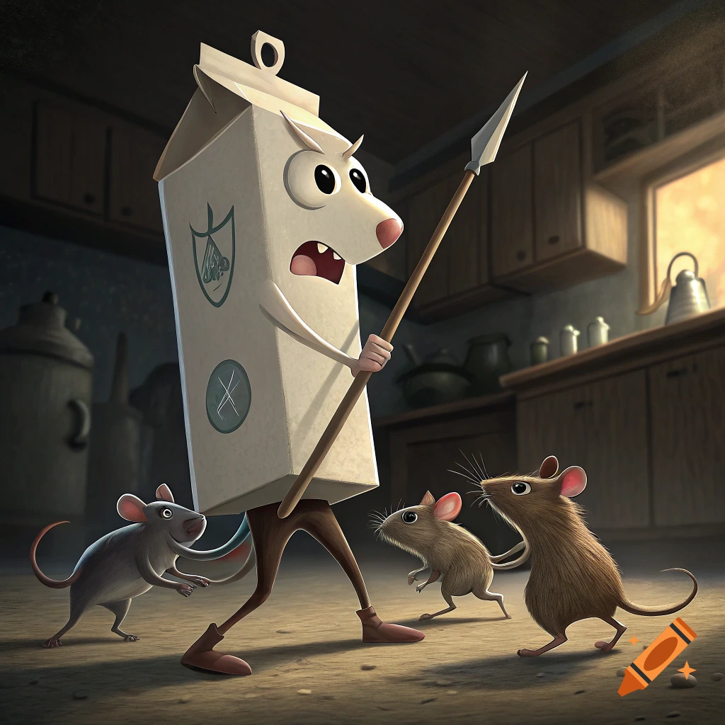 Cartoon anthropomorphic milk carton with a spear fighting three rats in a kitchen. on Craiyon