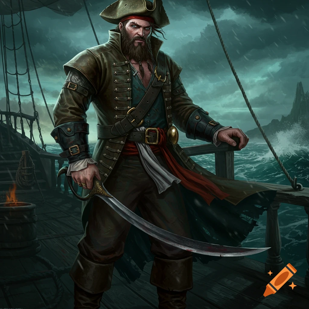 A fierce pirate on a ship deck during a storm, holding a cutlass and ...