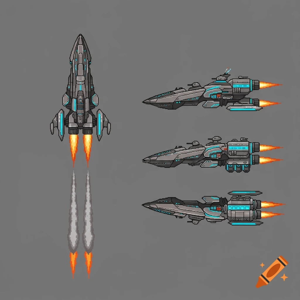 Pixel art sprite sheet showing a spaceship from top-down and side views ...