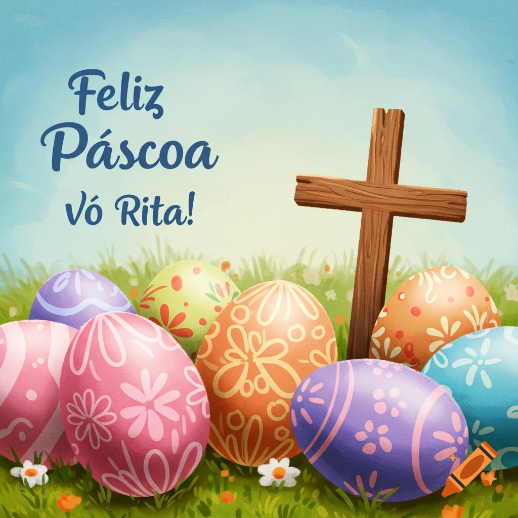 Easter card with painted eggs, cross and "Feliz Páscoa Vó Rita ...