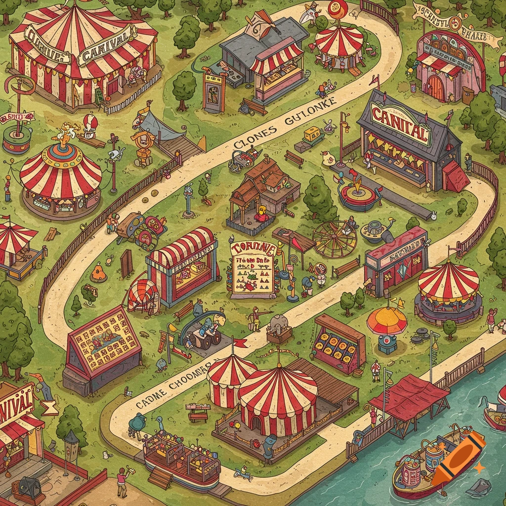 A stylized digital painting of a detailed carnival map showing tents ...