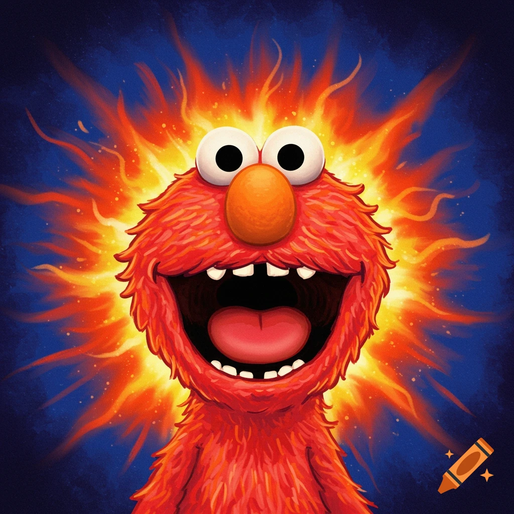 Elmo strikes a pose with hands raised against a vibrant comic book pop ...