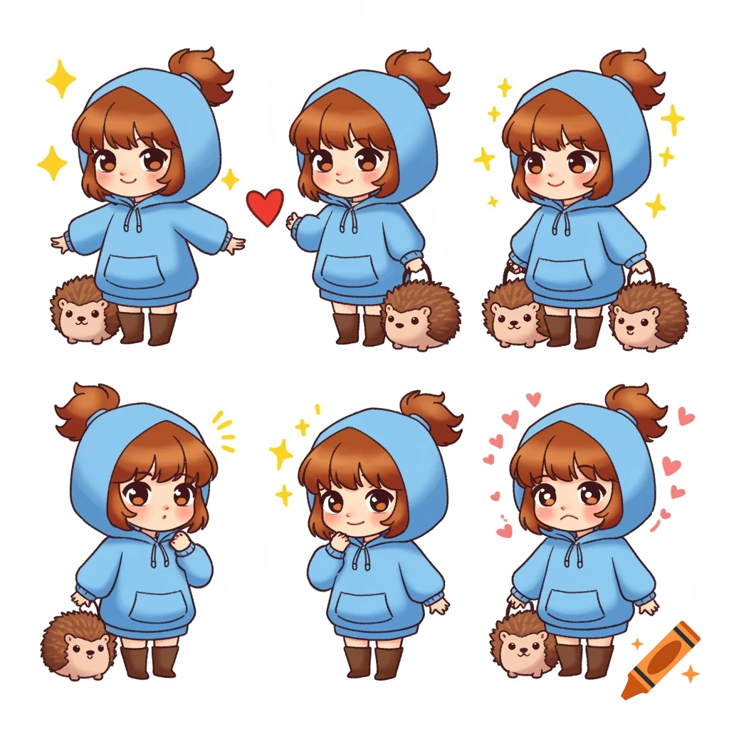 Chibi girl sticker illustrations with hedgehog. on Craiyon