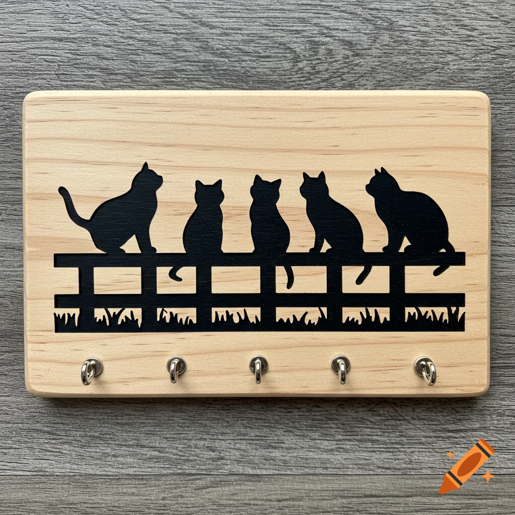 Wooden key holder with black cat silhouettes sitting on a fence on Craiyon