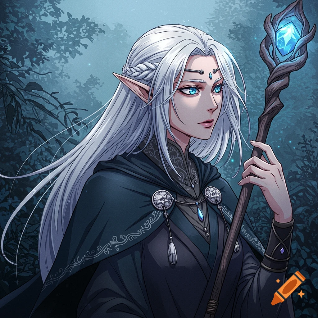 Anime drawing of a white-haired elf with green eyes holding a staff in ...