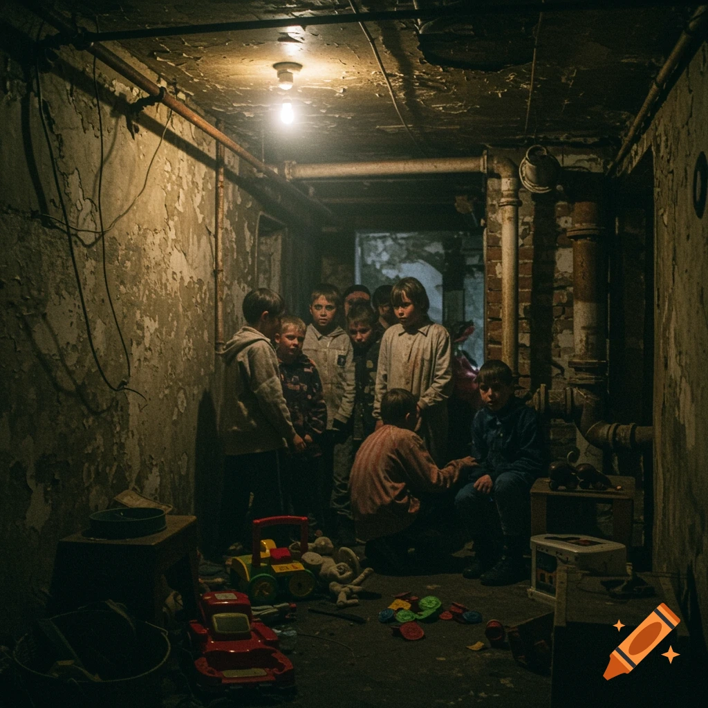 A group of children huddle together in a dark, creepy basement among ...