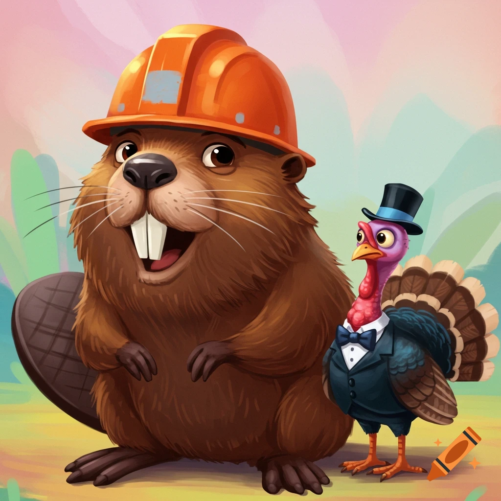 A cartoon beaver in an orange hard hat stands next to a turkey in a ...