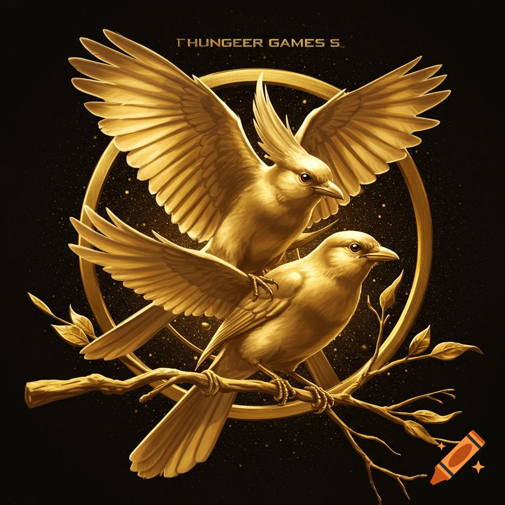 Two gold mockingjays on a golden branch, Hunger Games book cover style ...