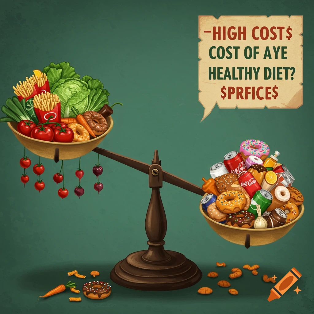 Balancing scales with vegetables and junk food, representing the cost ...