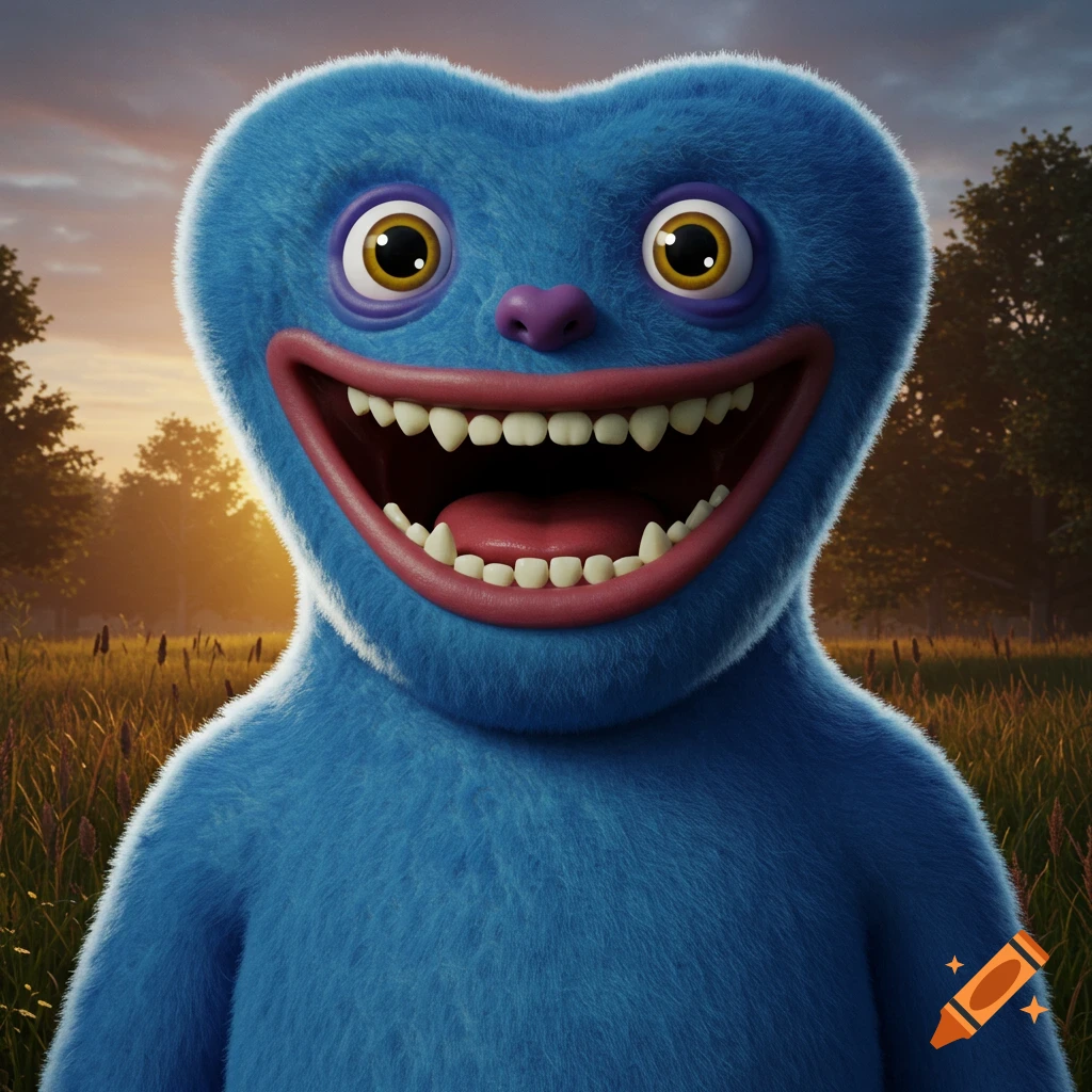 Blue monster with heart-shaped head and sharp teeth on Craiyon