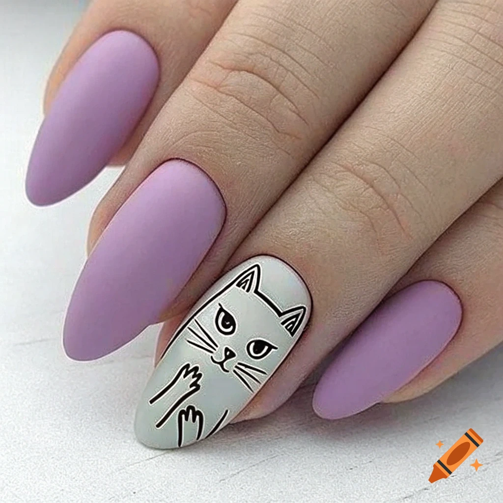 Close-up of a hand with matte purple almond-shaped nails, the middle ...