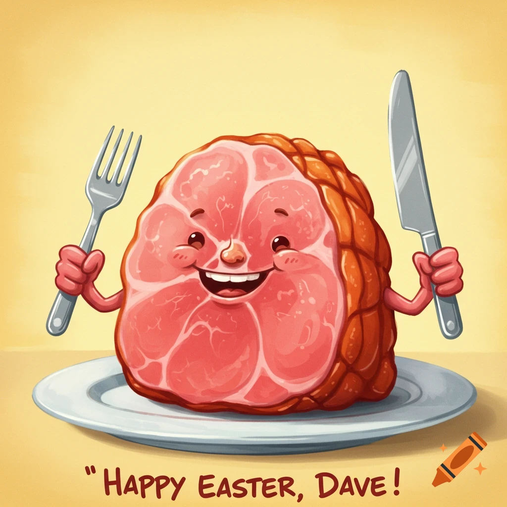 Cartoon ham character holding a fork and knife says Happy Easter, Dave ...