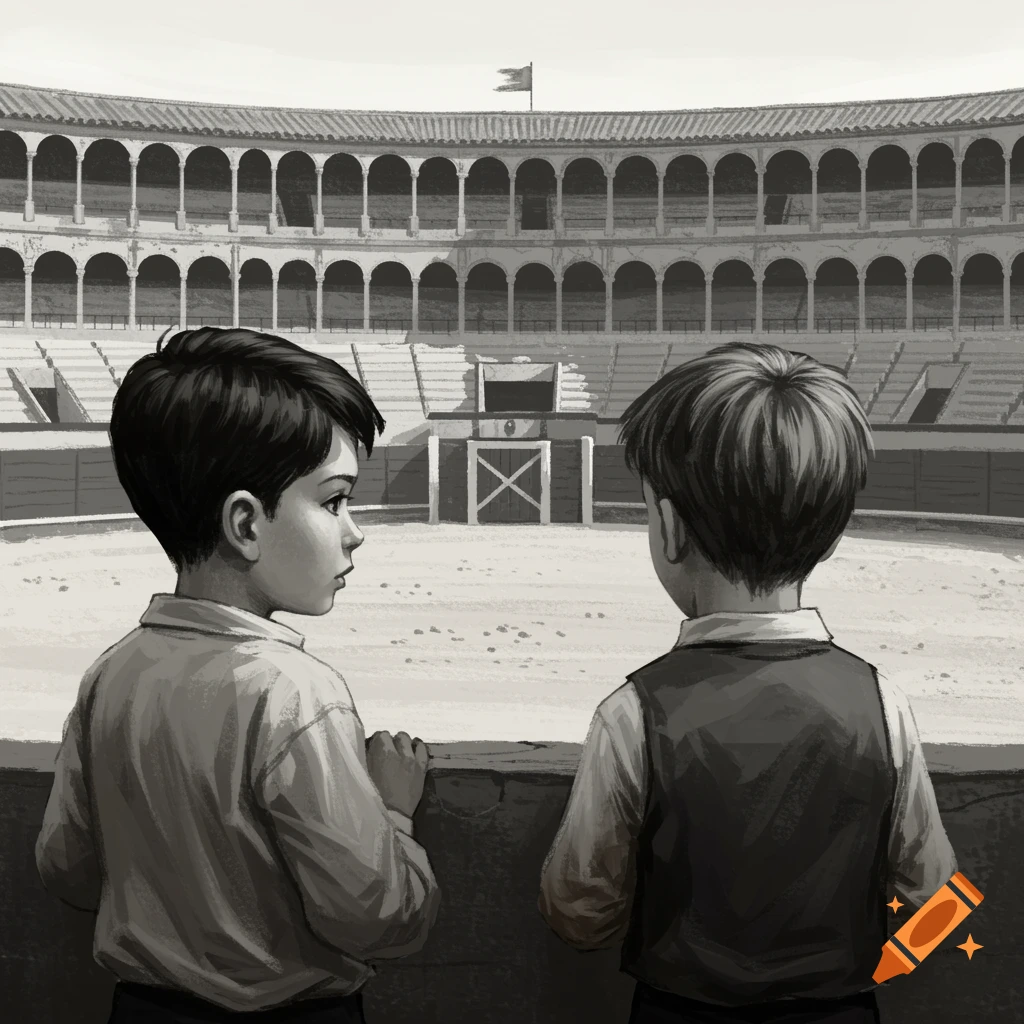 Black and white drawing of two boys standing behind a bullring on Craiyon