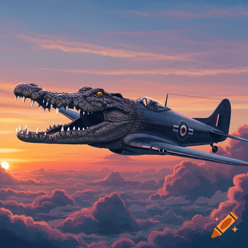 A bomber plane with a large crocodile head flies through a stormy sky ...