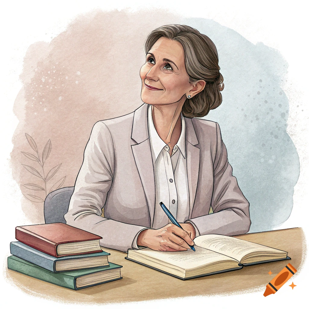 Illustration of a woman writing in a book with a stack of books nearby ...