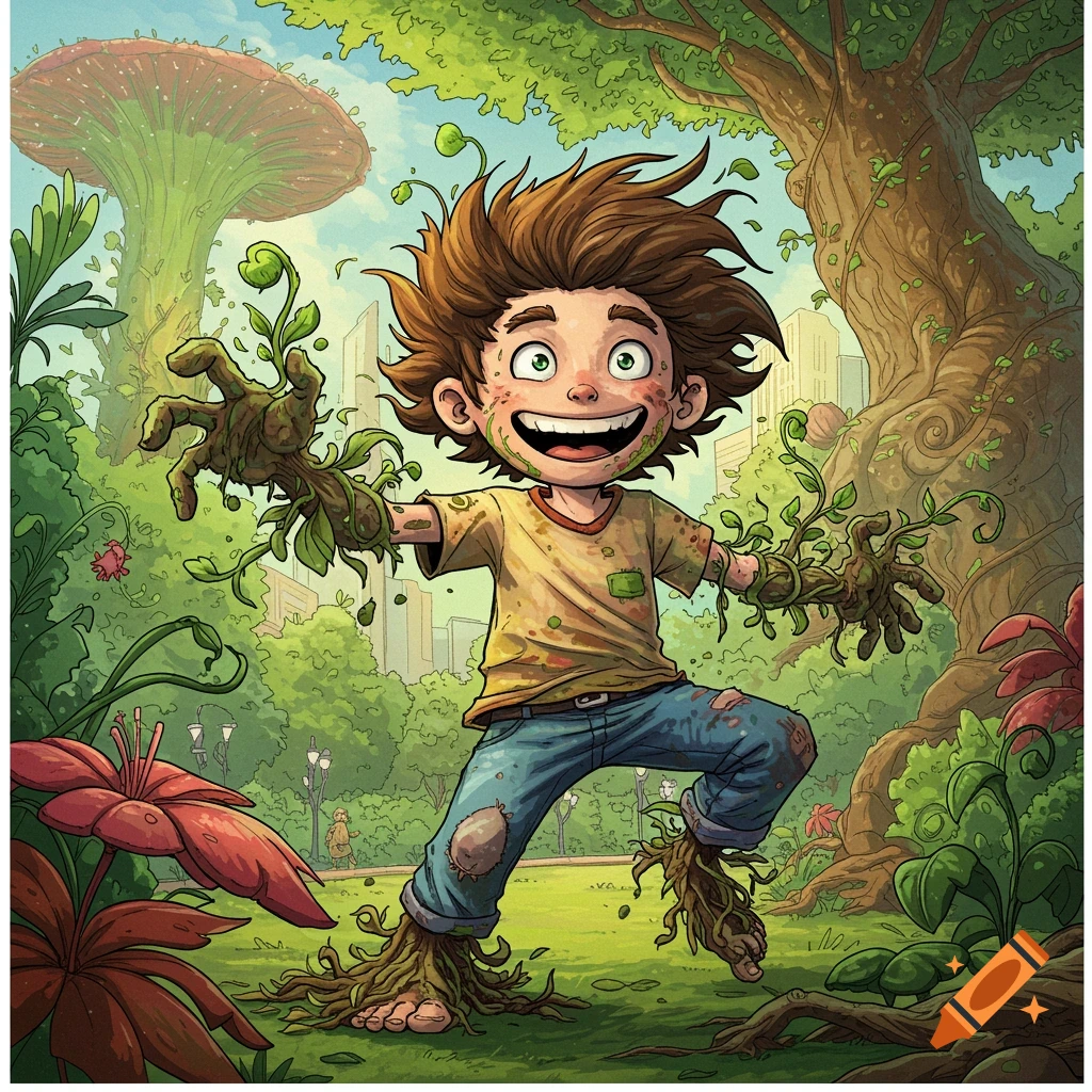Comic book illustration of a young boy with plants growing from his ...