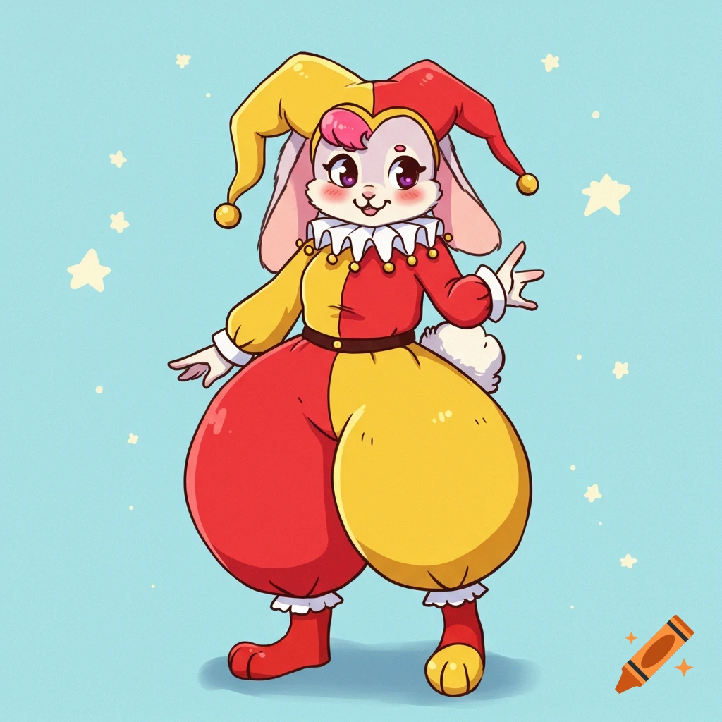 Cartoon rabbit in a red and yellow jester costume with puffy pants. on ...