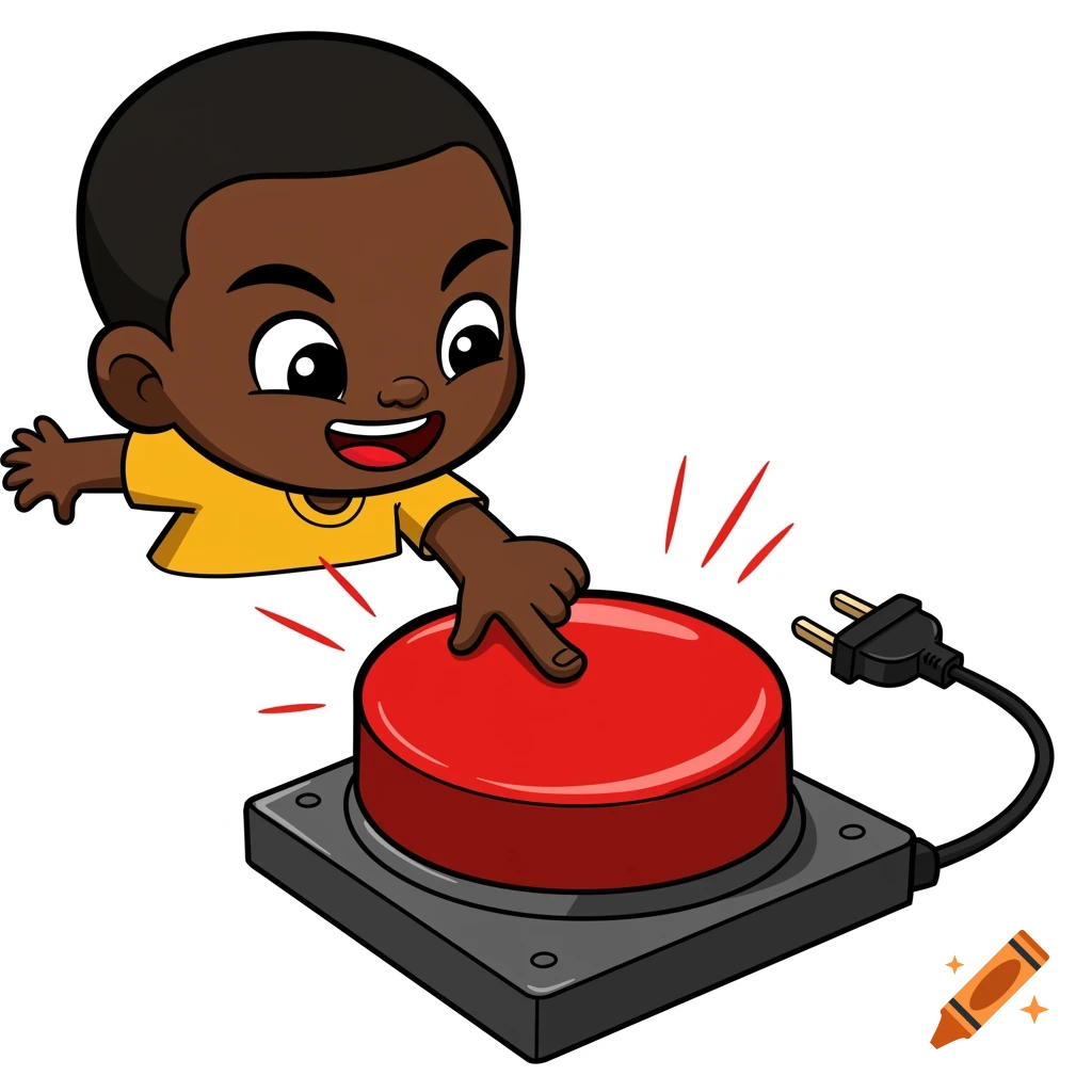 Child's hand pushing red button, unplugged on Craiyon