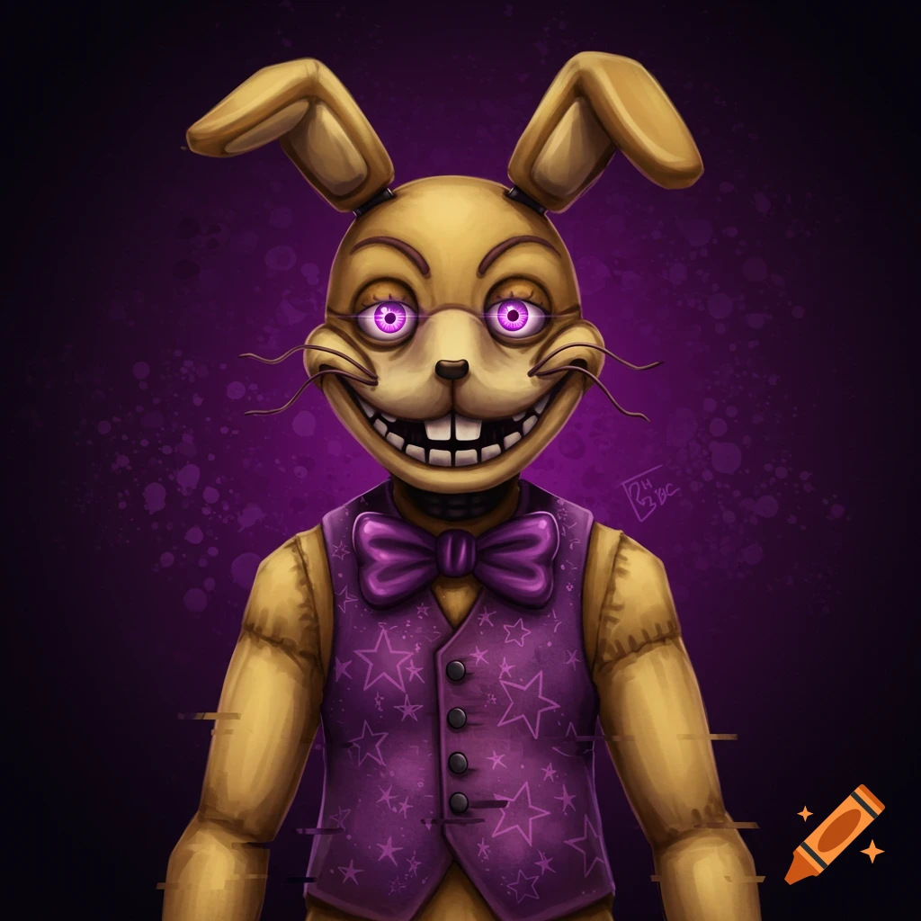 A creepy golden rabbit character with glowing purple eyes and a starry ...