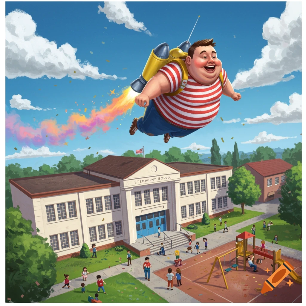 Man with jetpack flying over a school on Craiyon