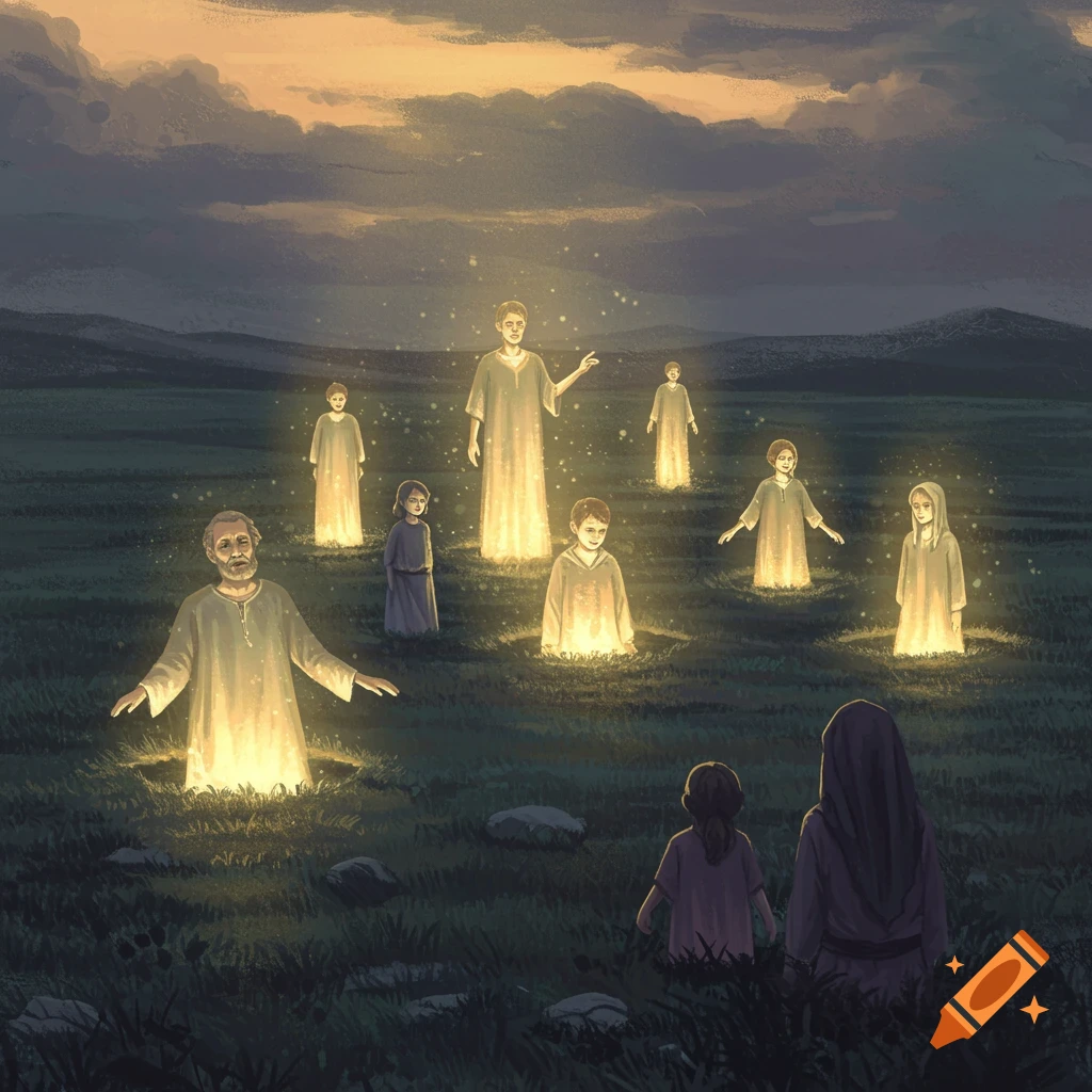 People rising from the earth in dim light, brightly lit, like ghosts ...