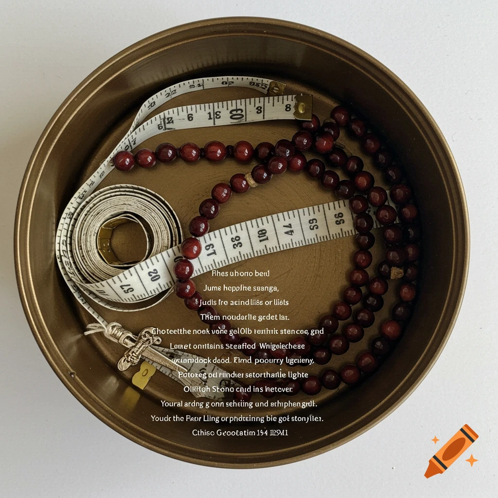 Top view of container with rosary beads and measuring tape; blank space ...