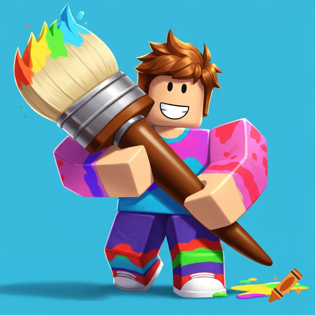 A cartoon Roblox character holds a large paintbrush covered in colorful ...