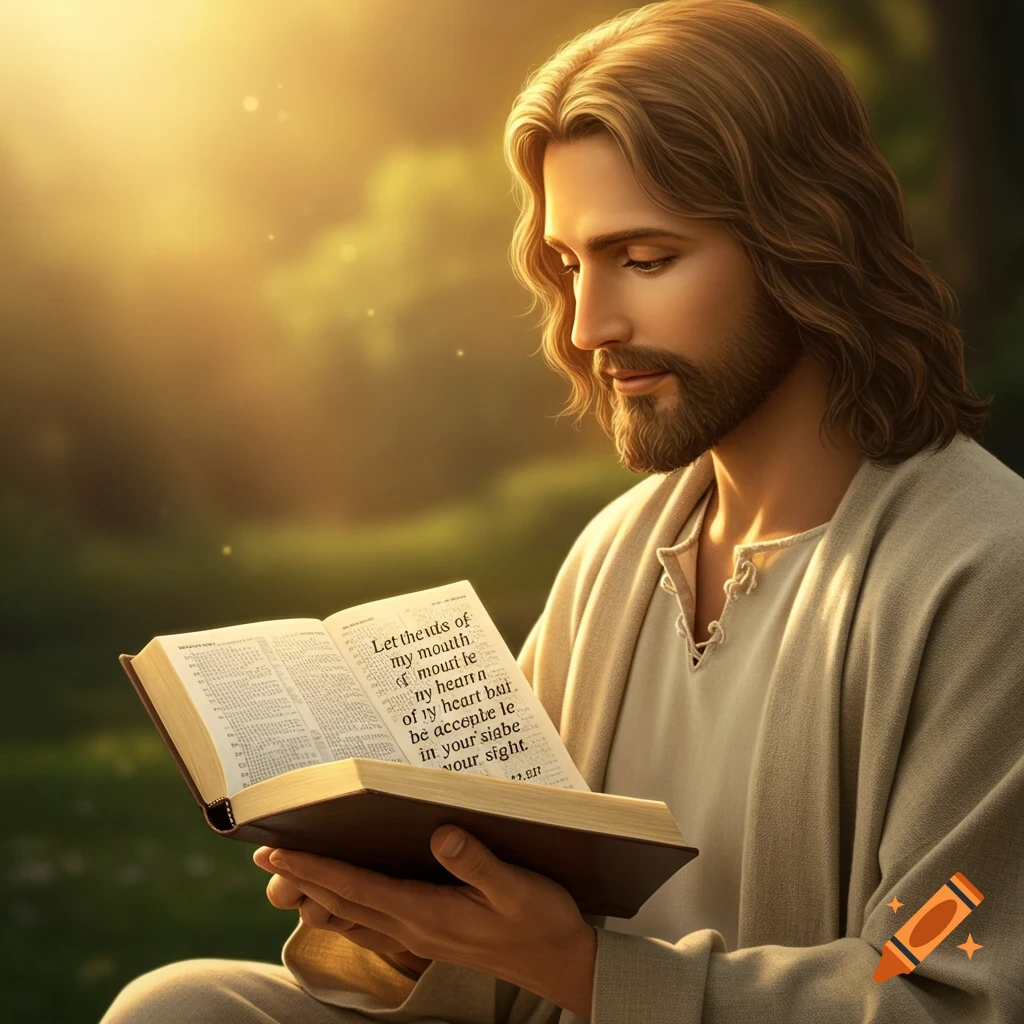 Open Bible symbolizing beliefs with serene landscape in background on ...