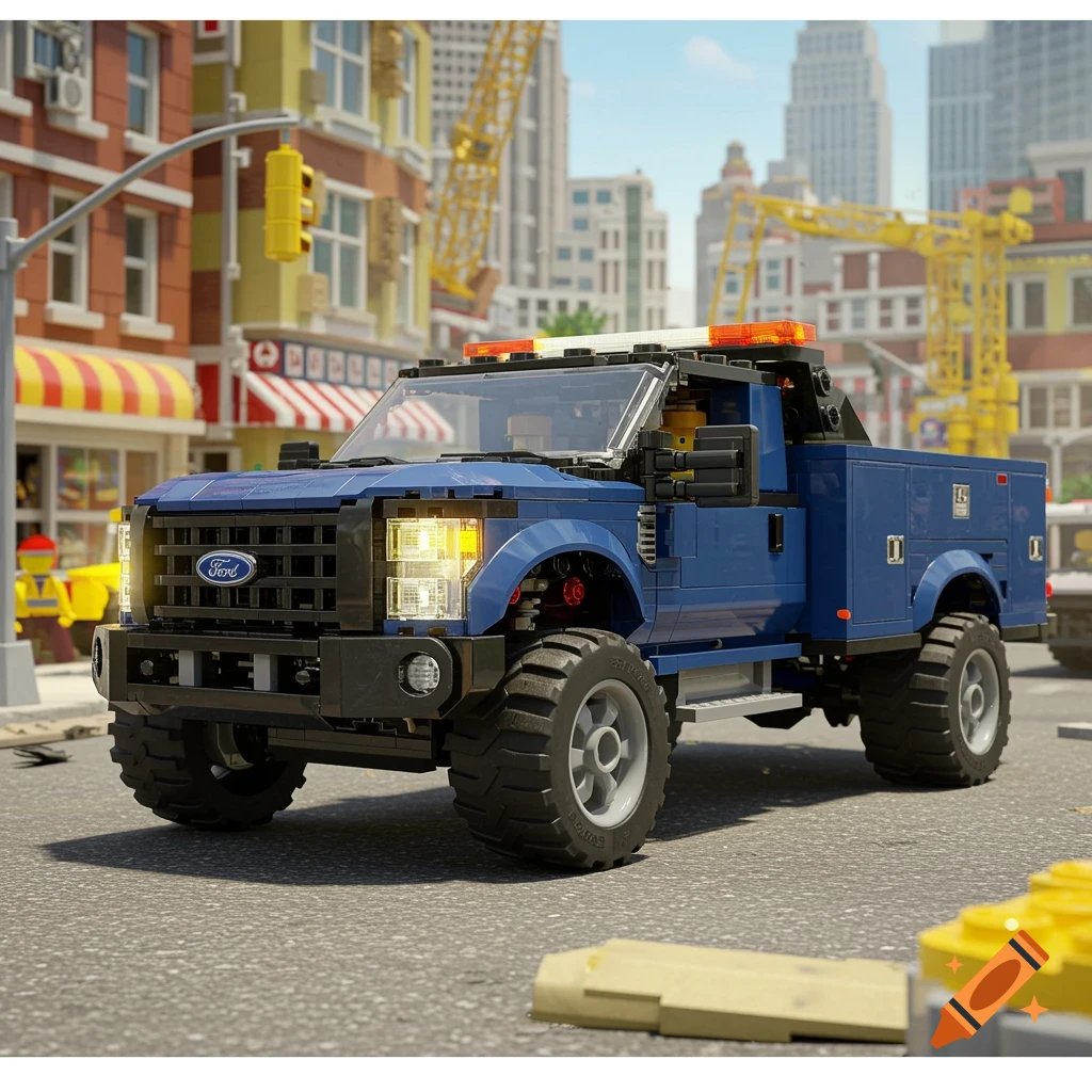 A blue Lego Ford F550 work truck parked on a street in a Lego city with ...