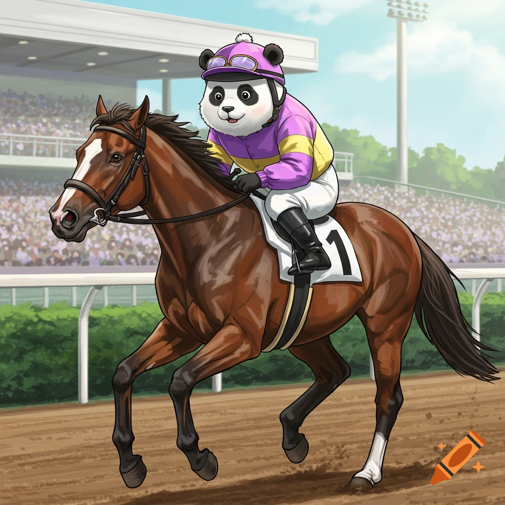 Realistic panda riding a horse as a jockey during a race on Craiyon