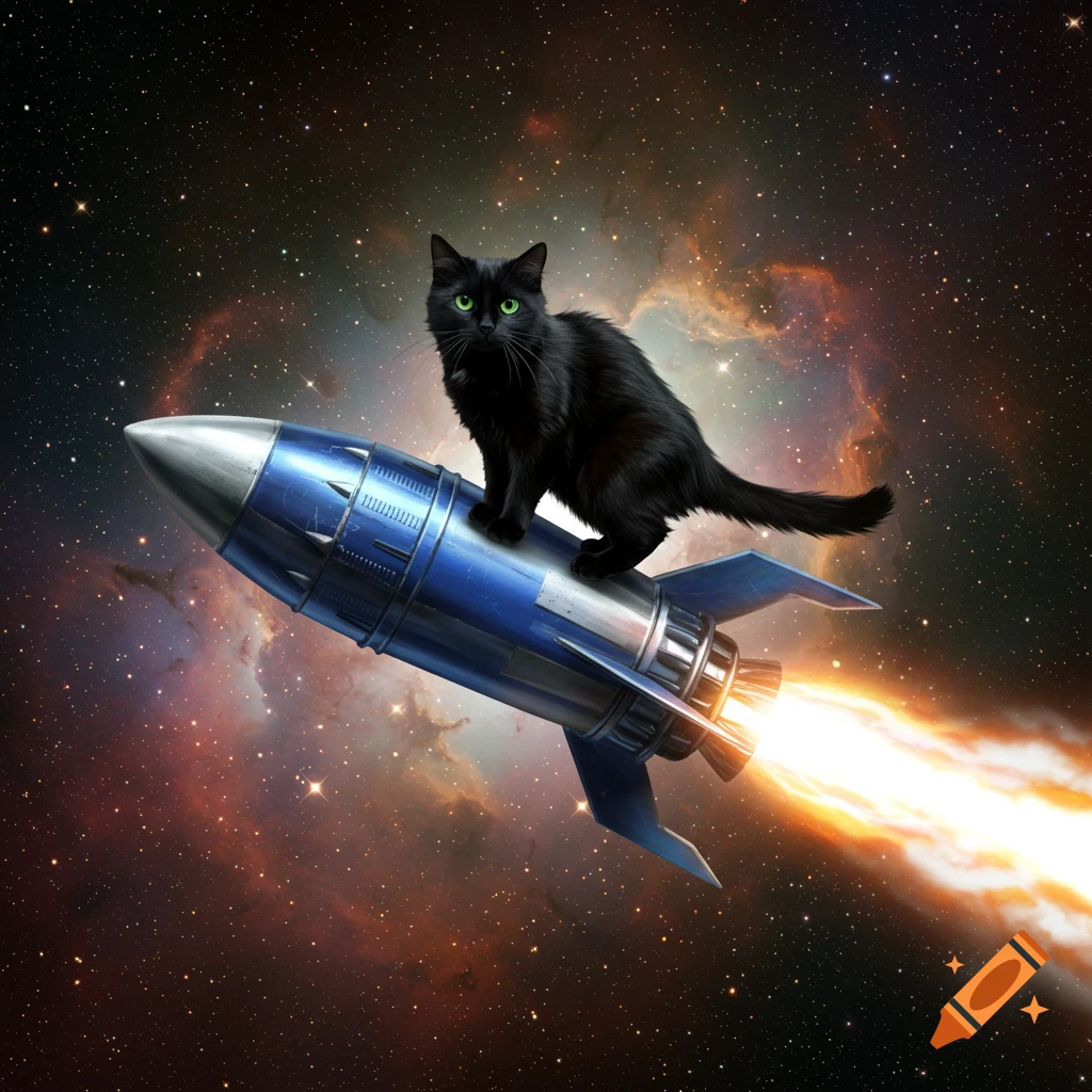 Cat riding a rocket in space on Craiyon