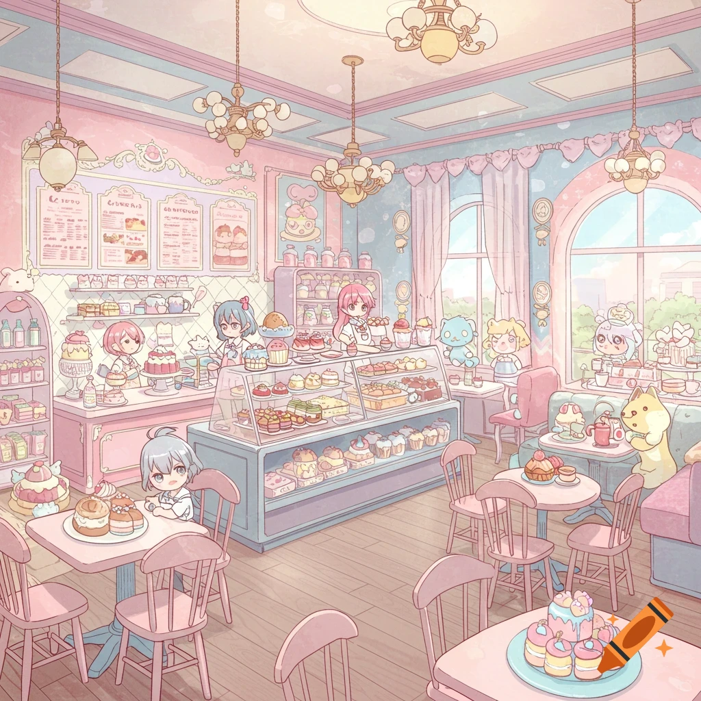 Cute anime cafe interior with characters, pastries, and tables. on Craiyon