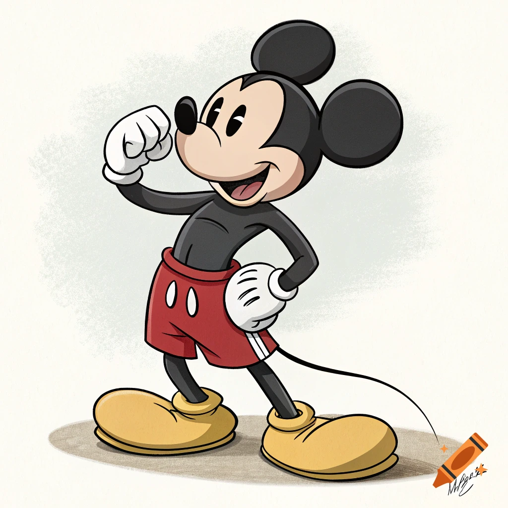 Drawing of cartoon character Mickey Mouse posing with visible abs. on Craiyon