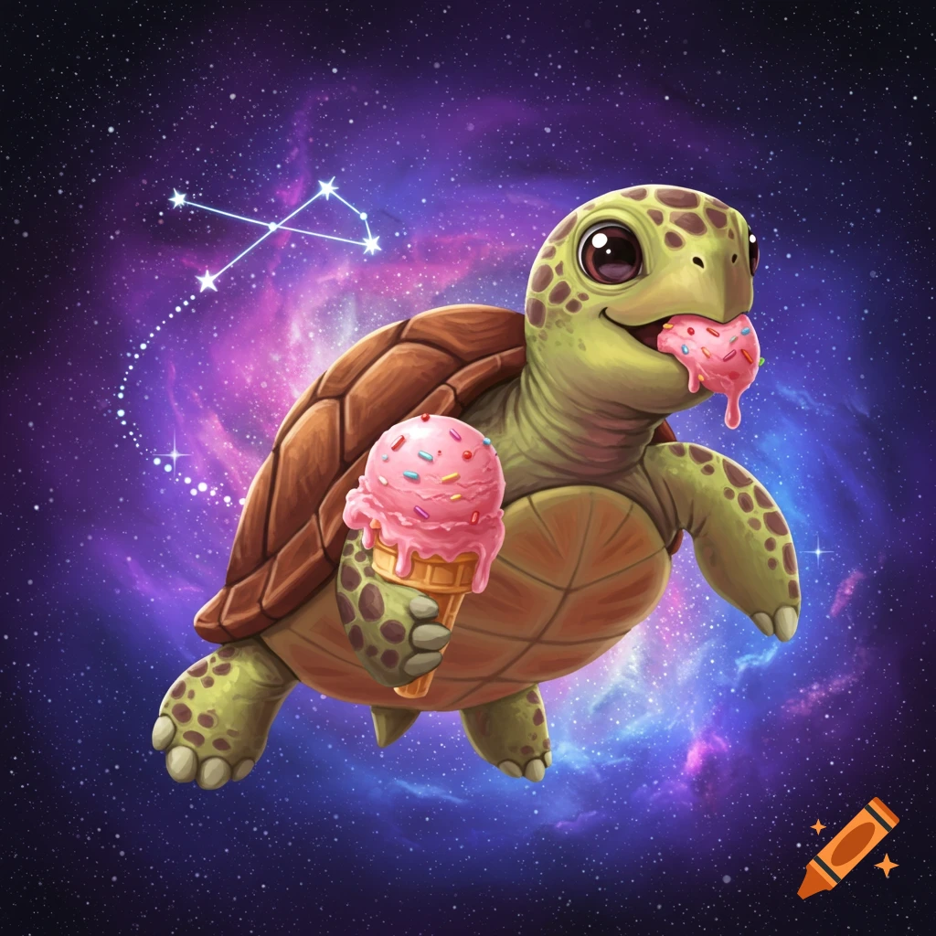 A cute cartoon turtle eating ice cream in space, with a constellation ...