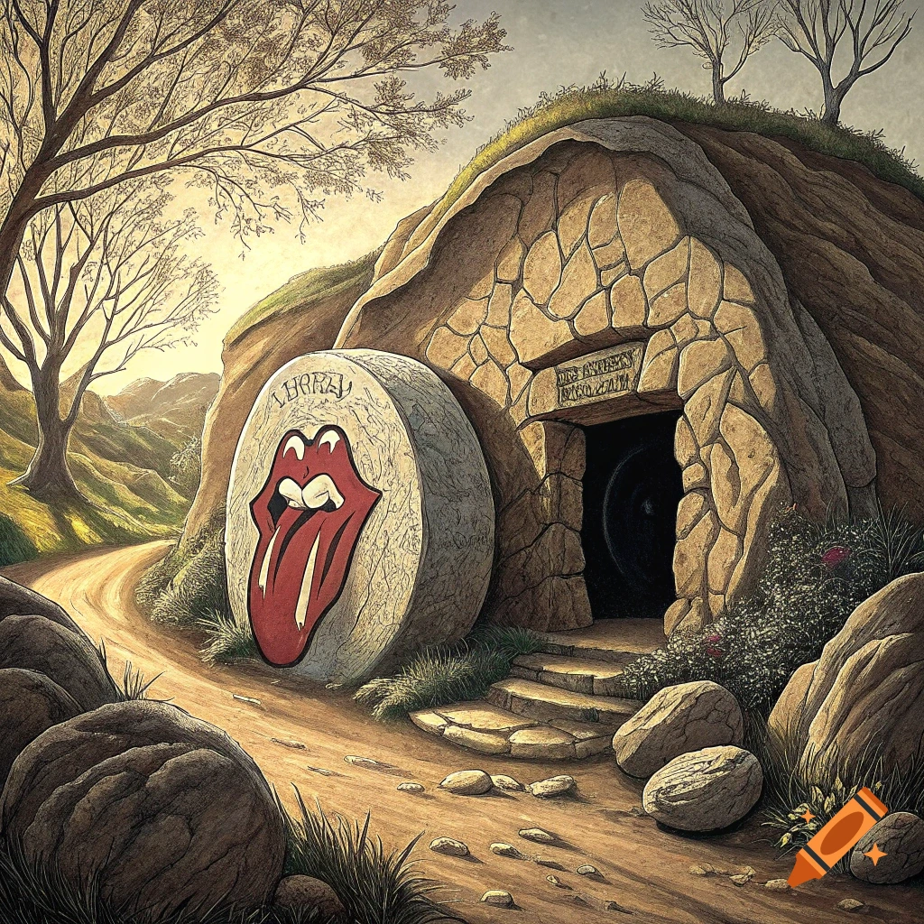 Jesus' tomb reimagined with Rolling Stones tongue logo on Craiyon