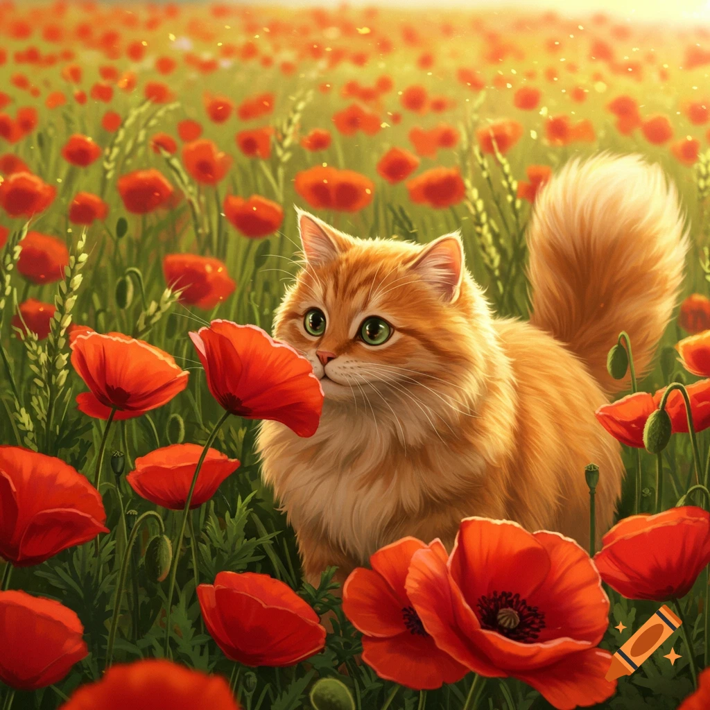 Ghibli-style poppy field with cat smelling a flower on Craiyon