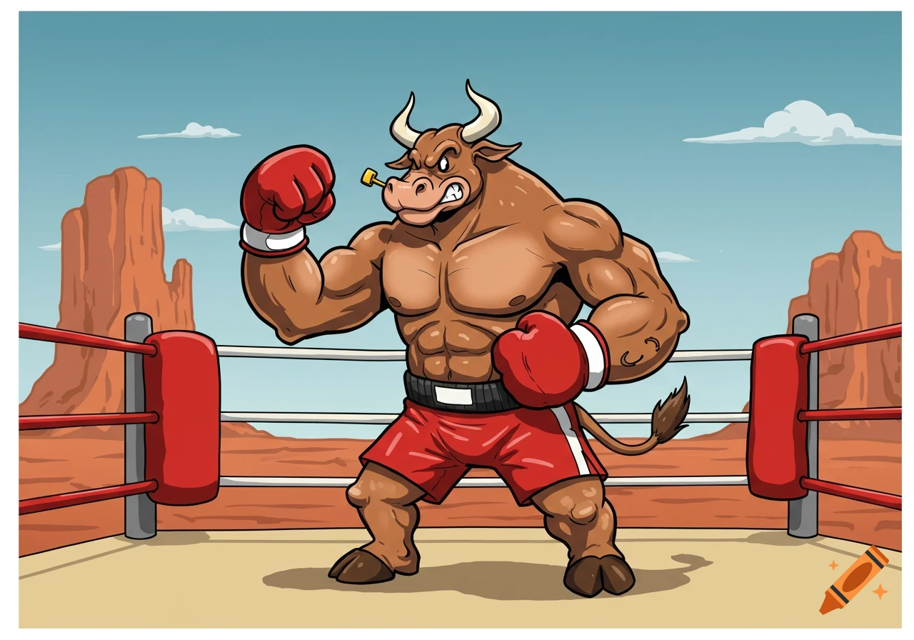 Anthropomorphic bull boxer flexing in a desert boxing ring, cartoon ...