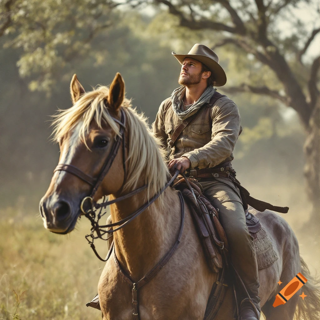 A cowboy rides a horse through a field at sunset, looking up. on Craiyon