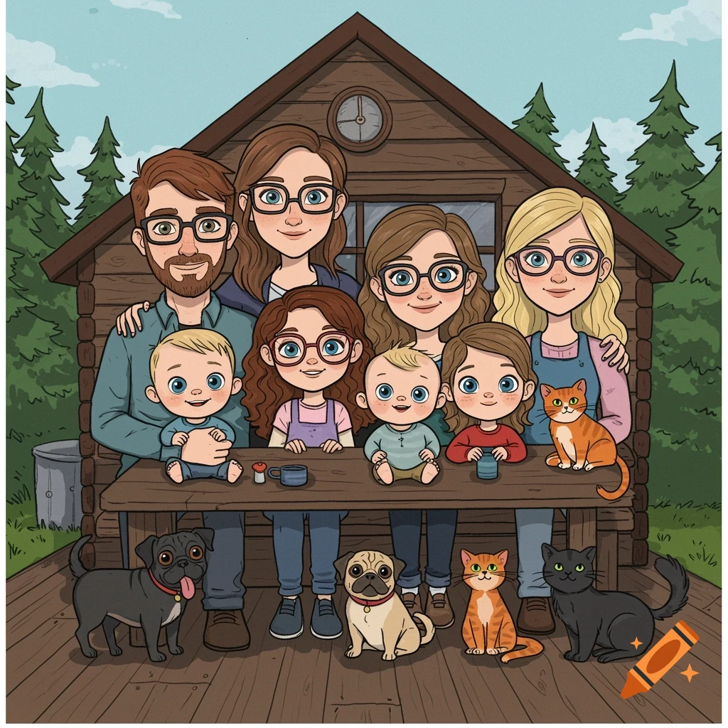 Cartoon family with two pugs, orange tabby, and black cat at off-grid ...