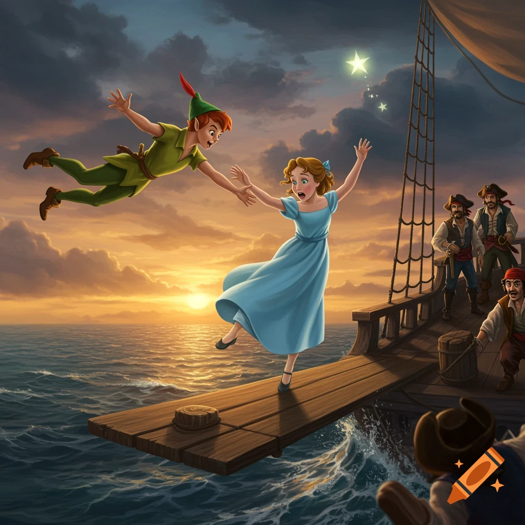 Peter Pan catches Wendy as she falls from a pirate ship plank at sunset ...