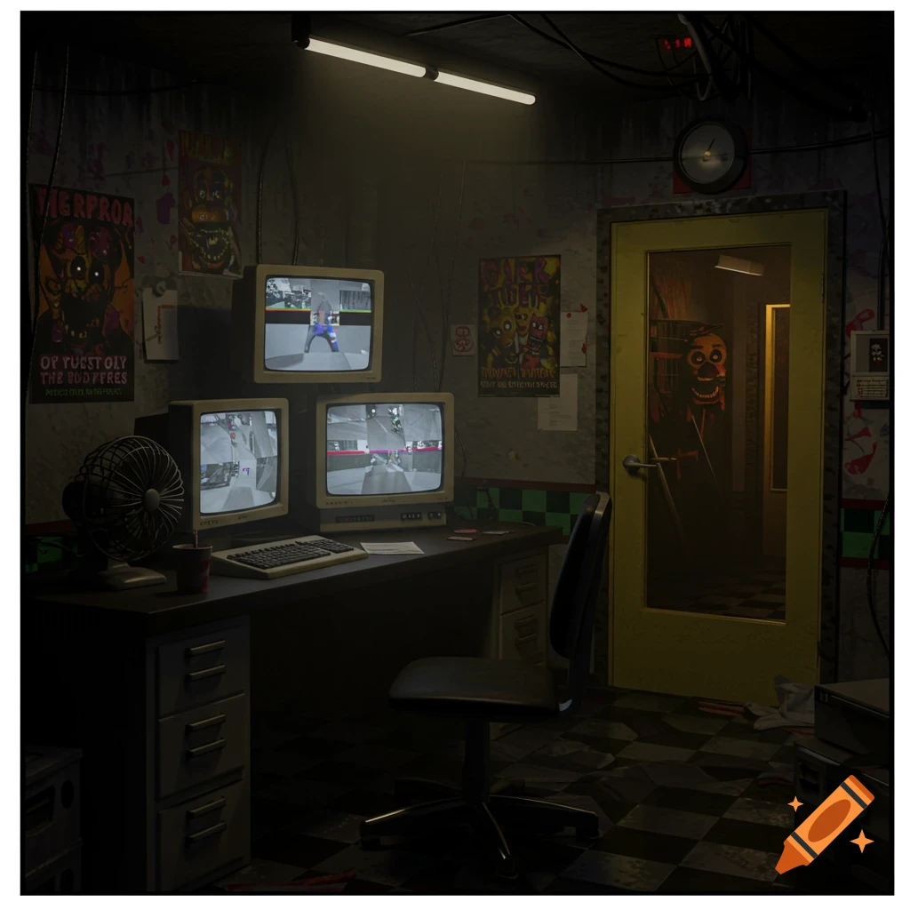 An eerie, dimly lit office from Five Nights at Freddy's, with multiple ...