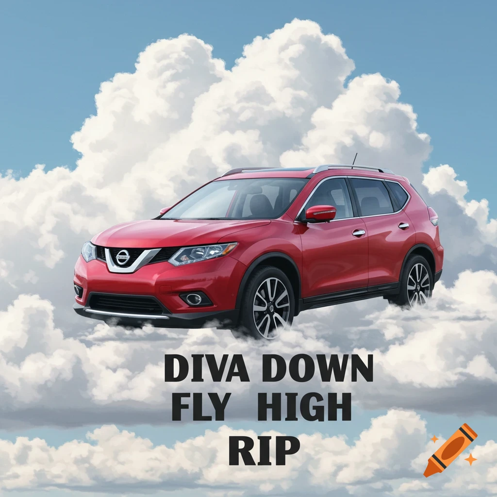 2014 Nissan Rogue in the sky with clouds and the words “diva down fly ...