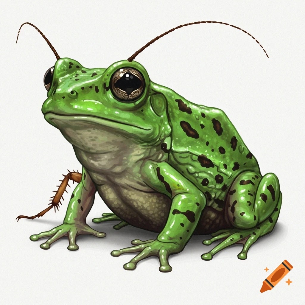 A green frog-cockroach hybrid with antennae and spiky legs. on Craiyon