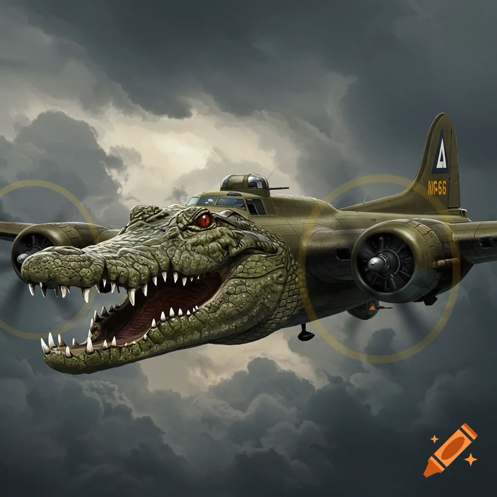 A bomber plane with a large crocodile head flies through a stormy sky ...