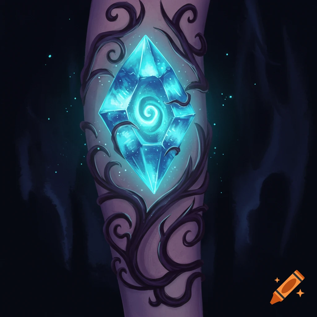 A glowing blue crystal soul gem and dark nightshade vines tattooed on ...