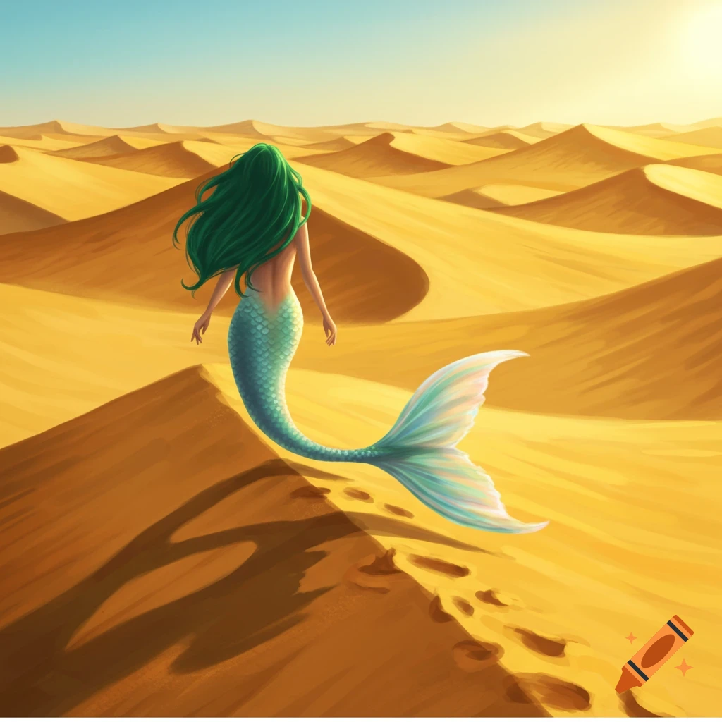 A mermaid with green hair and a blue tail walks through a sunny desert ...