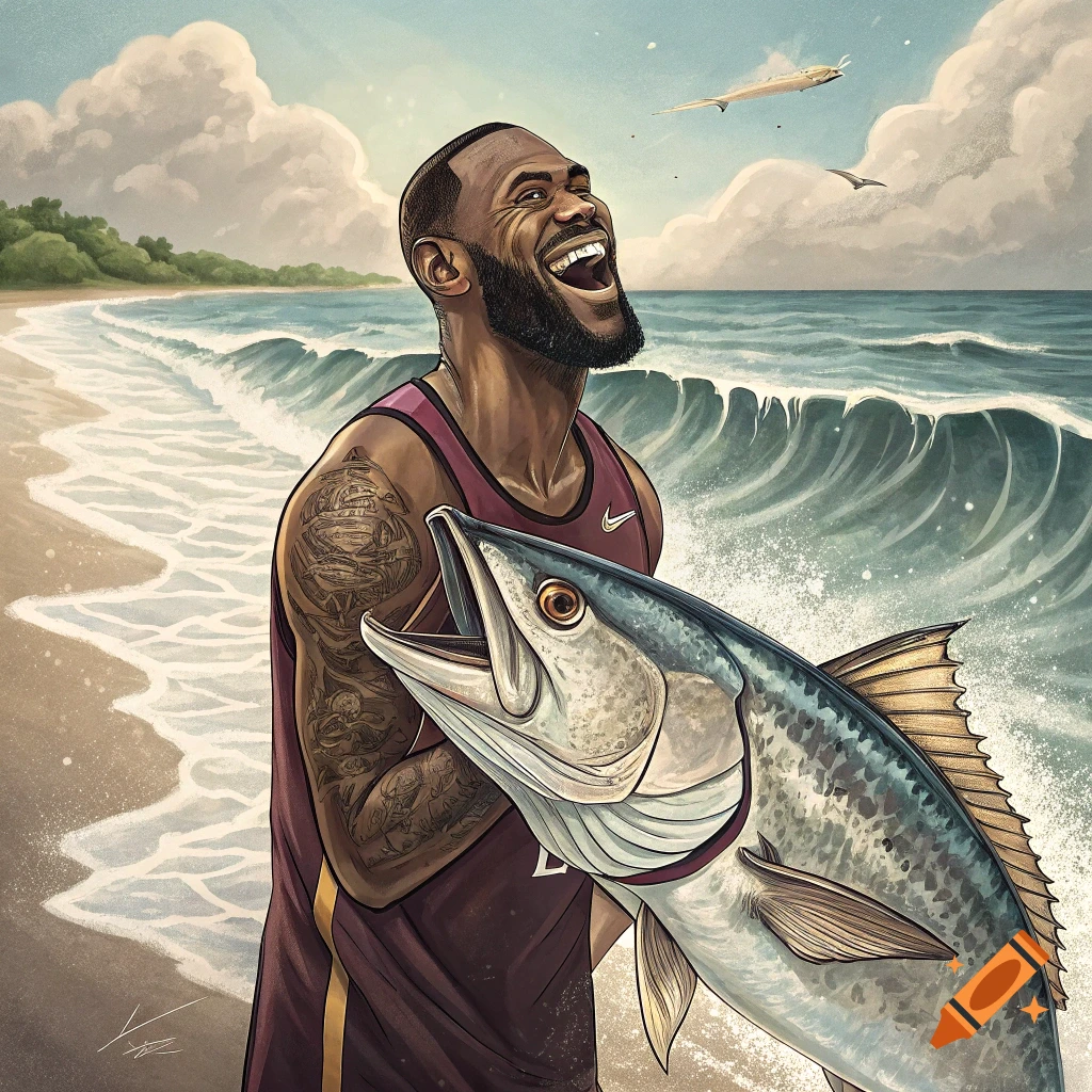 Illustrative image of a man resembling LeBron James holding a large ...