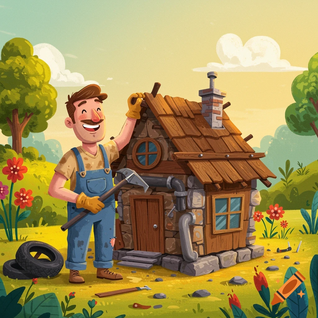 Man Building House Cartoon