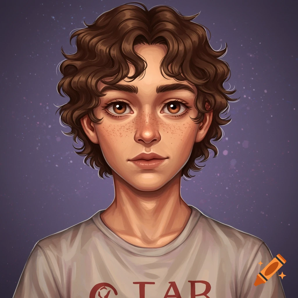 13-year-old boy with wavy brown hair wearing a D&D shirt on Craiyon