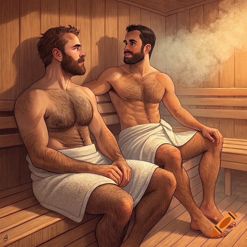 Two men in a sauna with athletic bodies, wearing towels on Craiyon